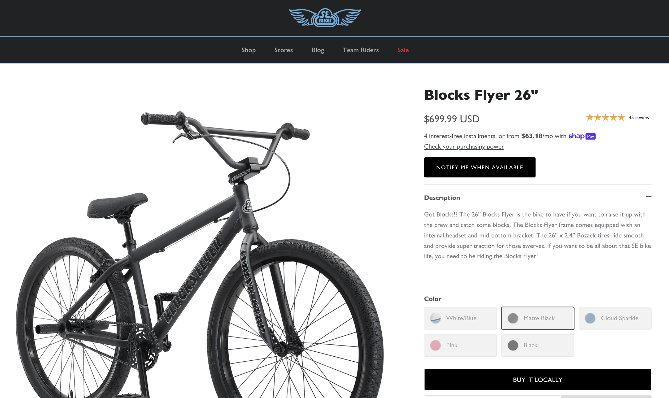 2024 SE Bikes Blocks Flyer 26" Matte Black