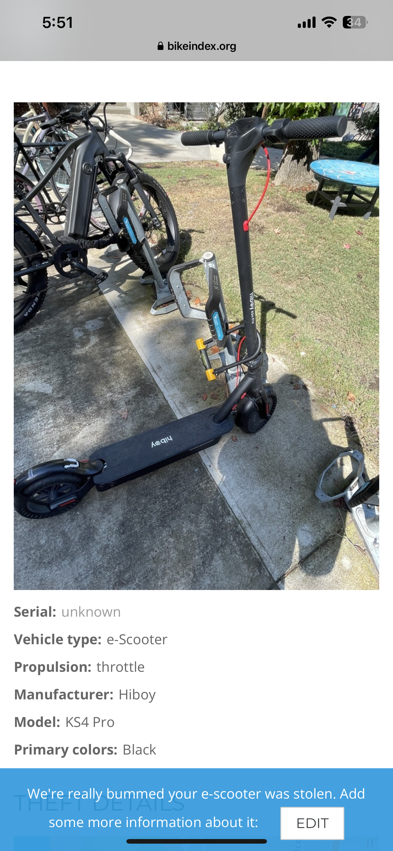 Stolen Hiboy KS4 Pro e-scooter